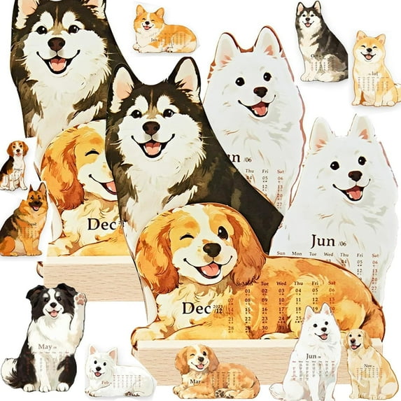 Desk Calendar 2026, Mini Dog Desktop Calendar 2026 With Wooden Base ...