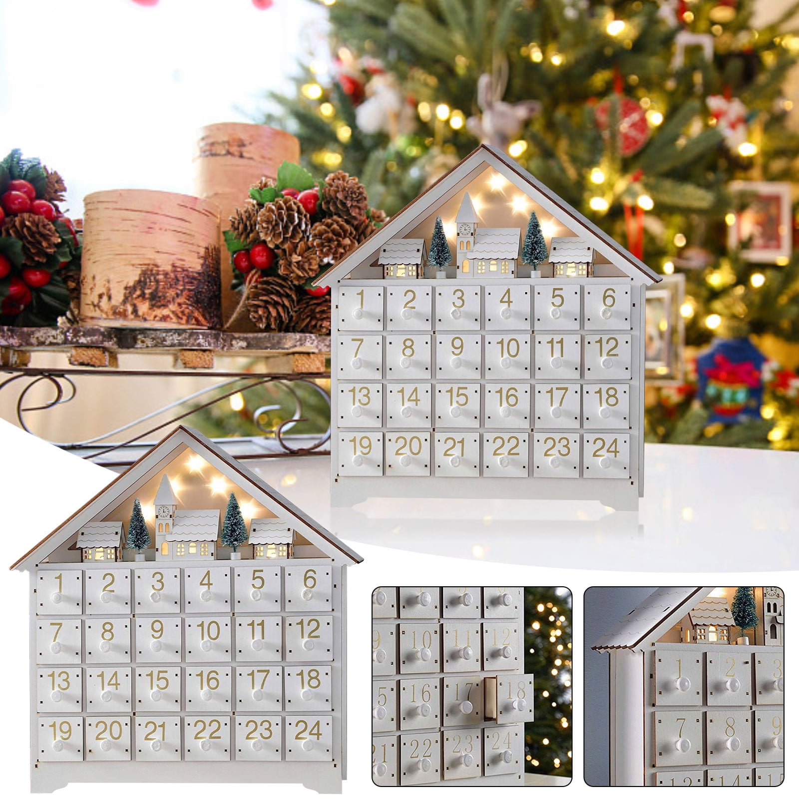 Desk Calendar Christmas Wooden Advent Calendar With LED Light 24 ...