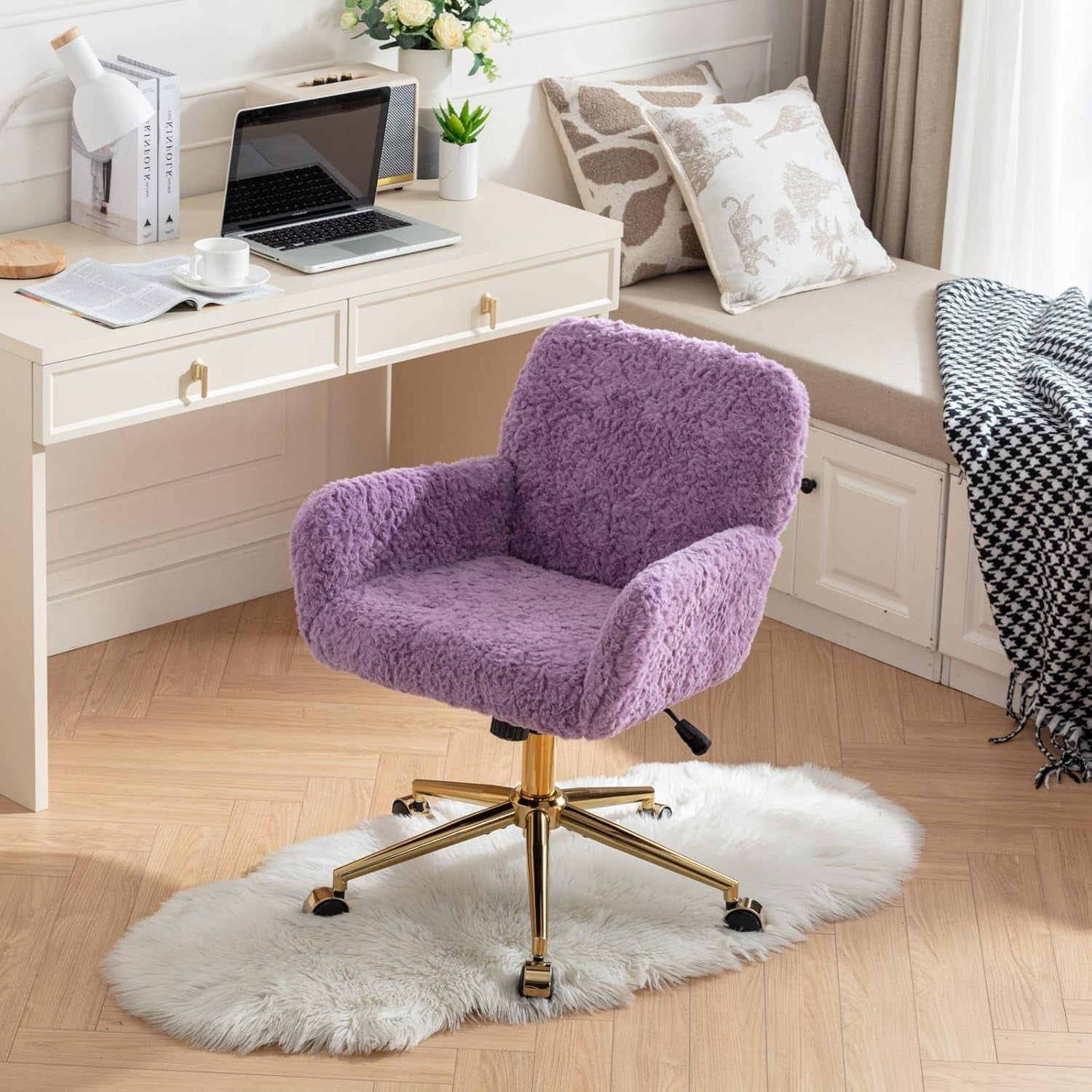 Desk Chair Faux Fur Task Chair,Modern Cute Accent Armchair Office Chair ...