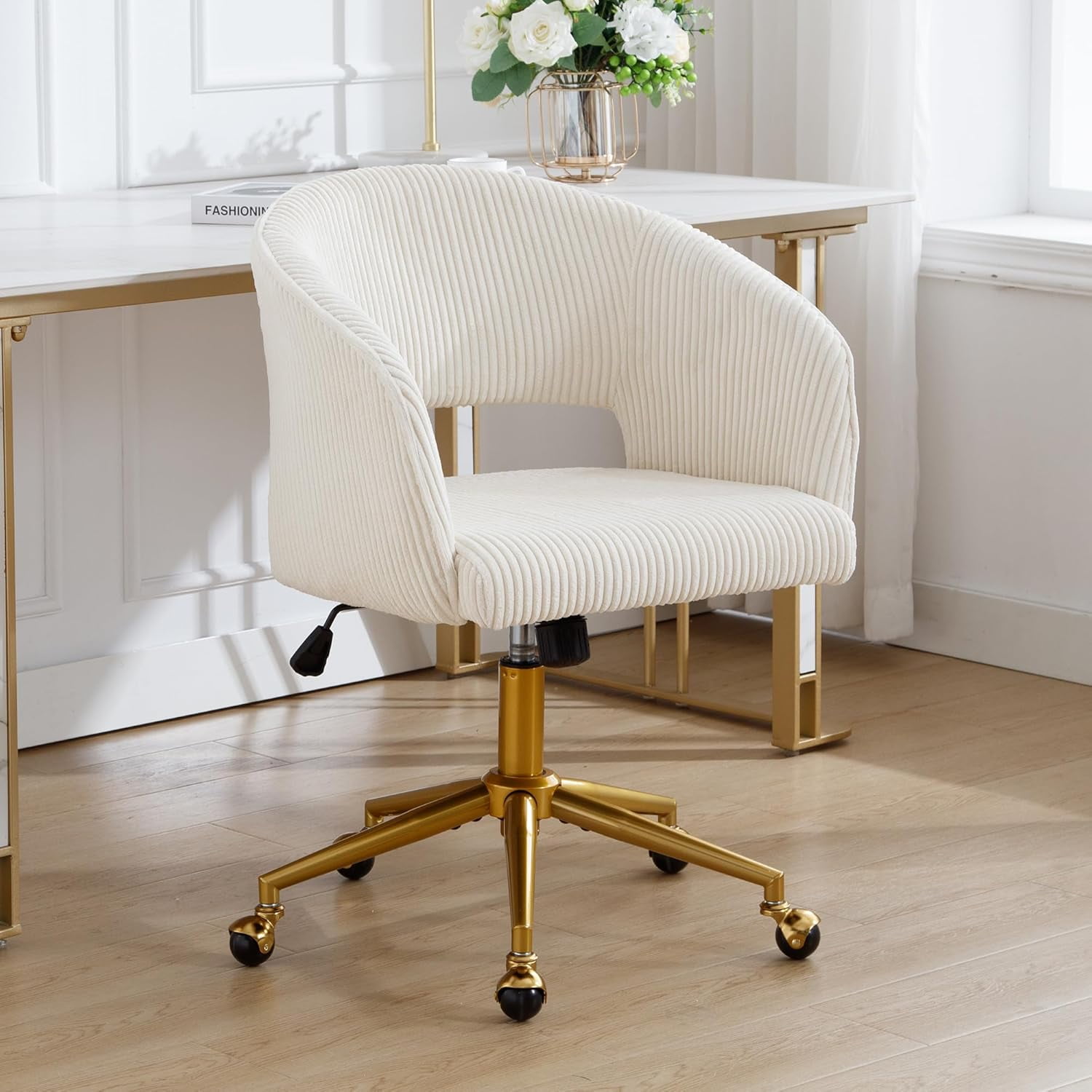 Desk Chair with Wheels Corduroy Home Office Chair Swivel Armchair Gold ...