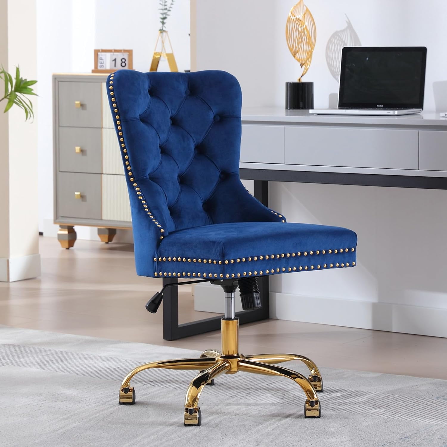 Desk Chair with Wheels Velvet Gold Office Chair Armless Swivel Chair ...