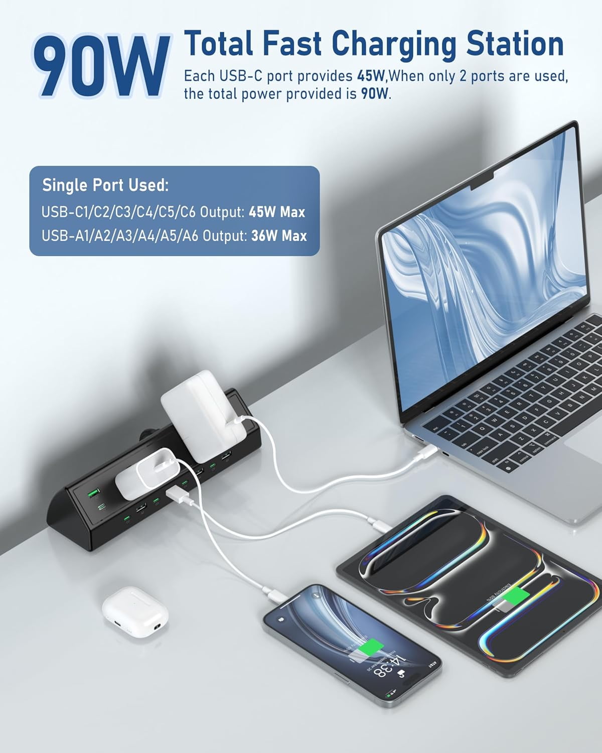 Desk Clamp Power Strip 90W, 12 USB Ports Charging Hub with 6 PD 45W USB ...