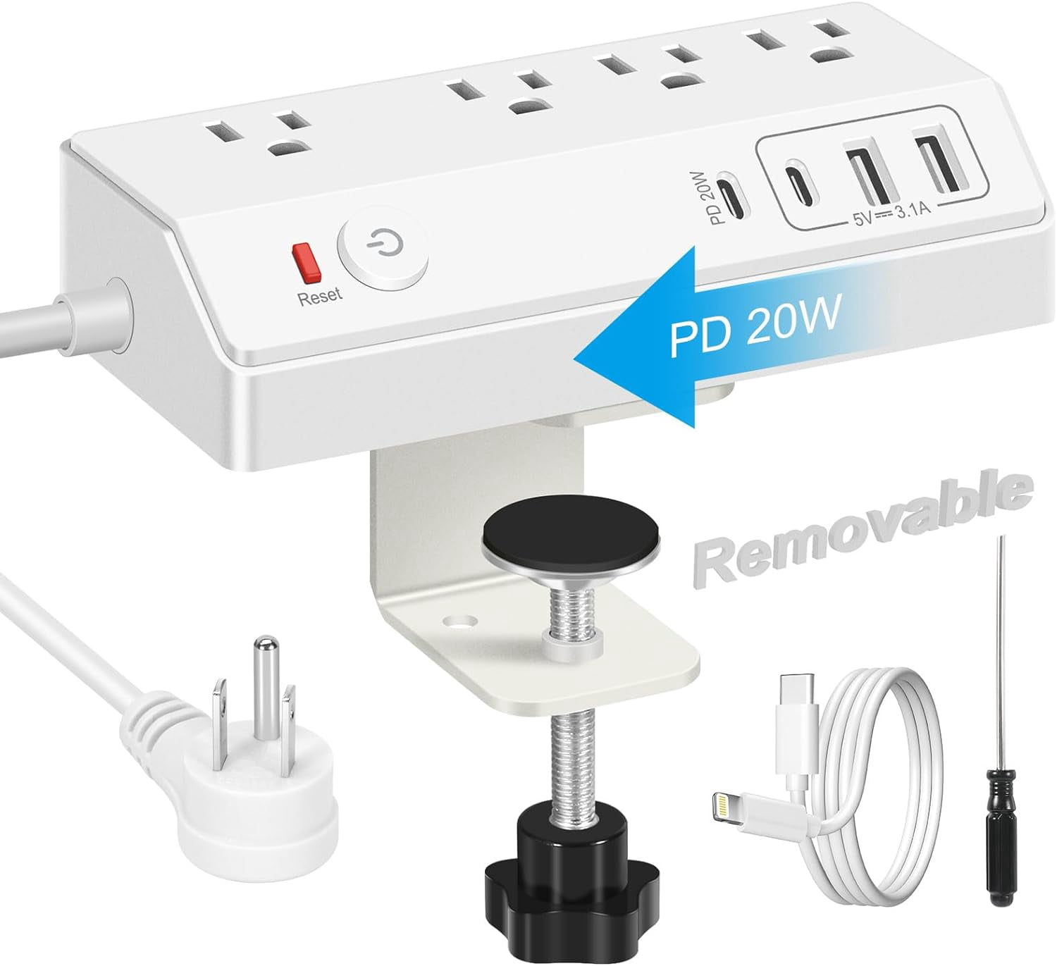 Desk Clamp Power Strip with USB C (20W PD) - Removable Surge Protector ...