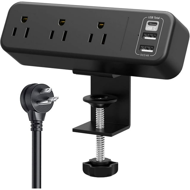 Desk Clamp Power Strip with USB C, 3 Outlet Desktop Mount Power Station ...