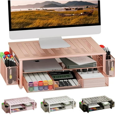 Rustic Brown Desk Monitor Stand Riser with Organizer Drawer for Office ...