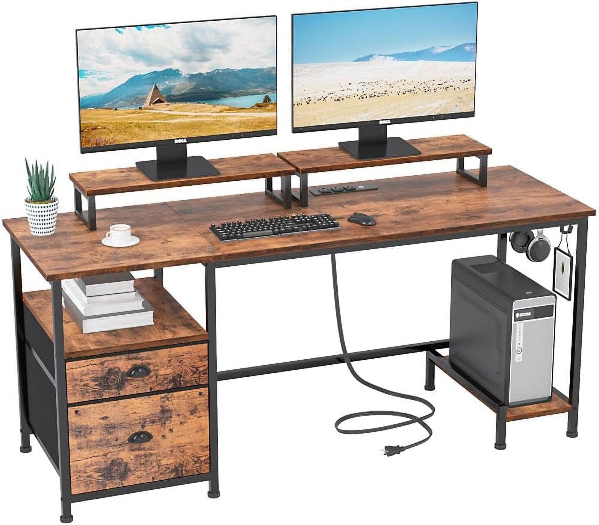 Desk with Drawer and Power Outlets, 55" Large Compter Desk with Fabric ...
