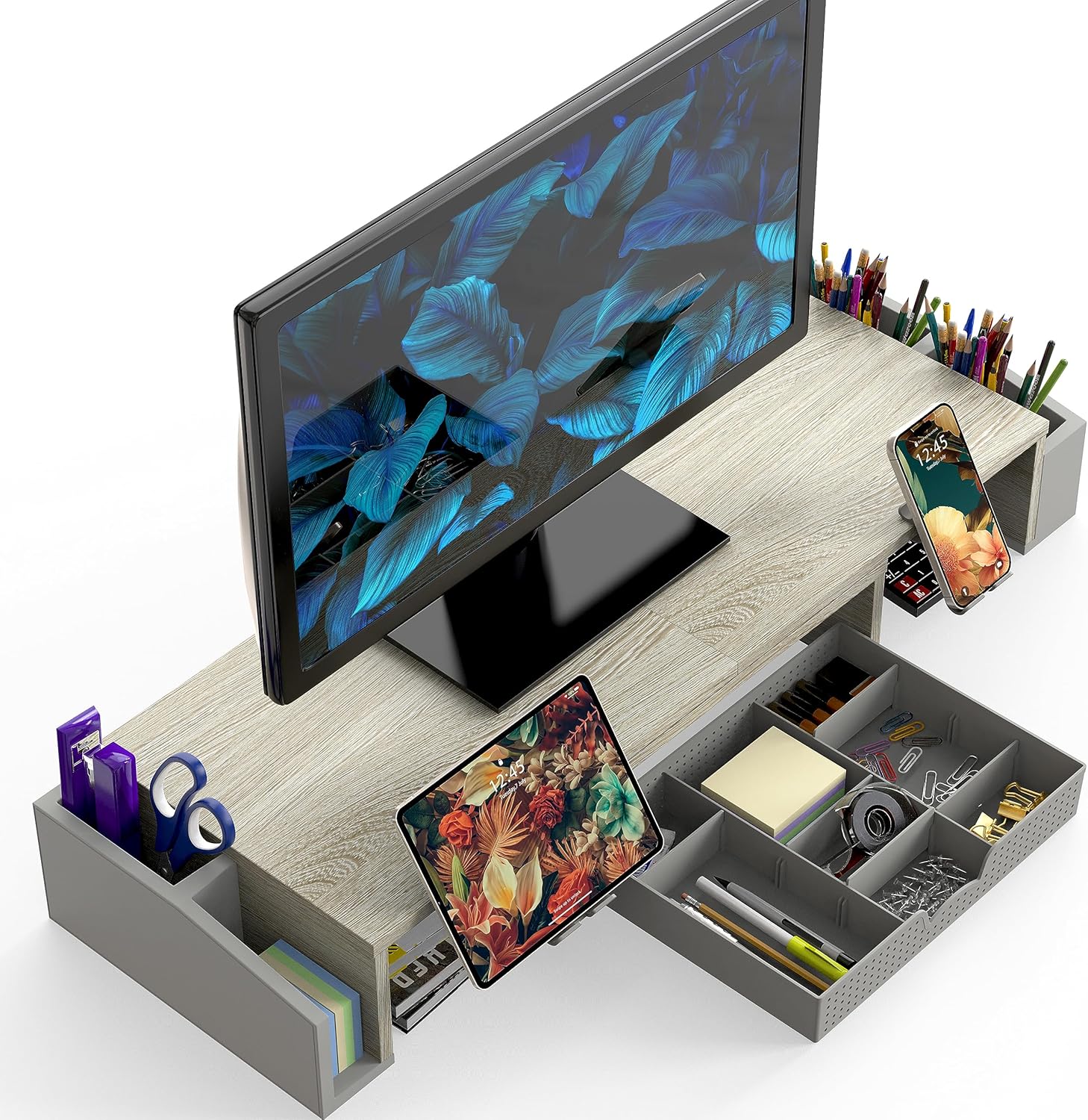 Desk Dual Monitor Stand Riser with Drawer, Maple - Walmart.com