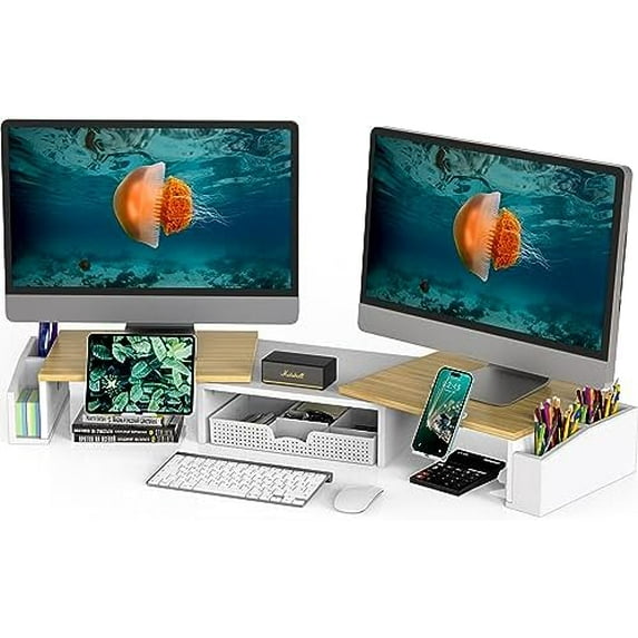 Desk Dual Monitor Stand Riser with Drawer, Oak - Walmart.com