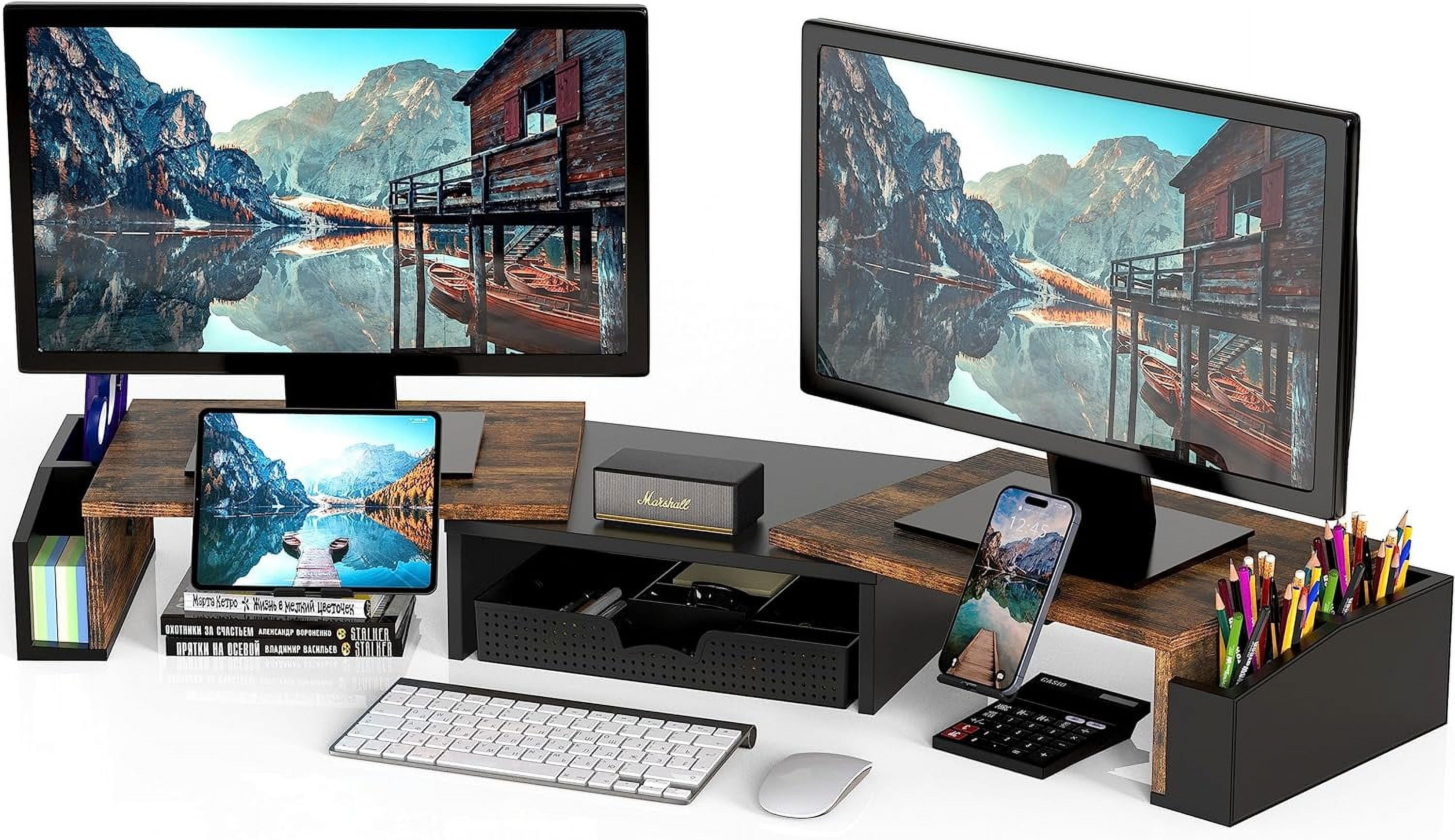 Desk Dual Monitor Stand Riser with Drawer,Rustic Brown - Walmart.com