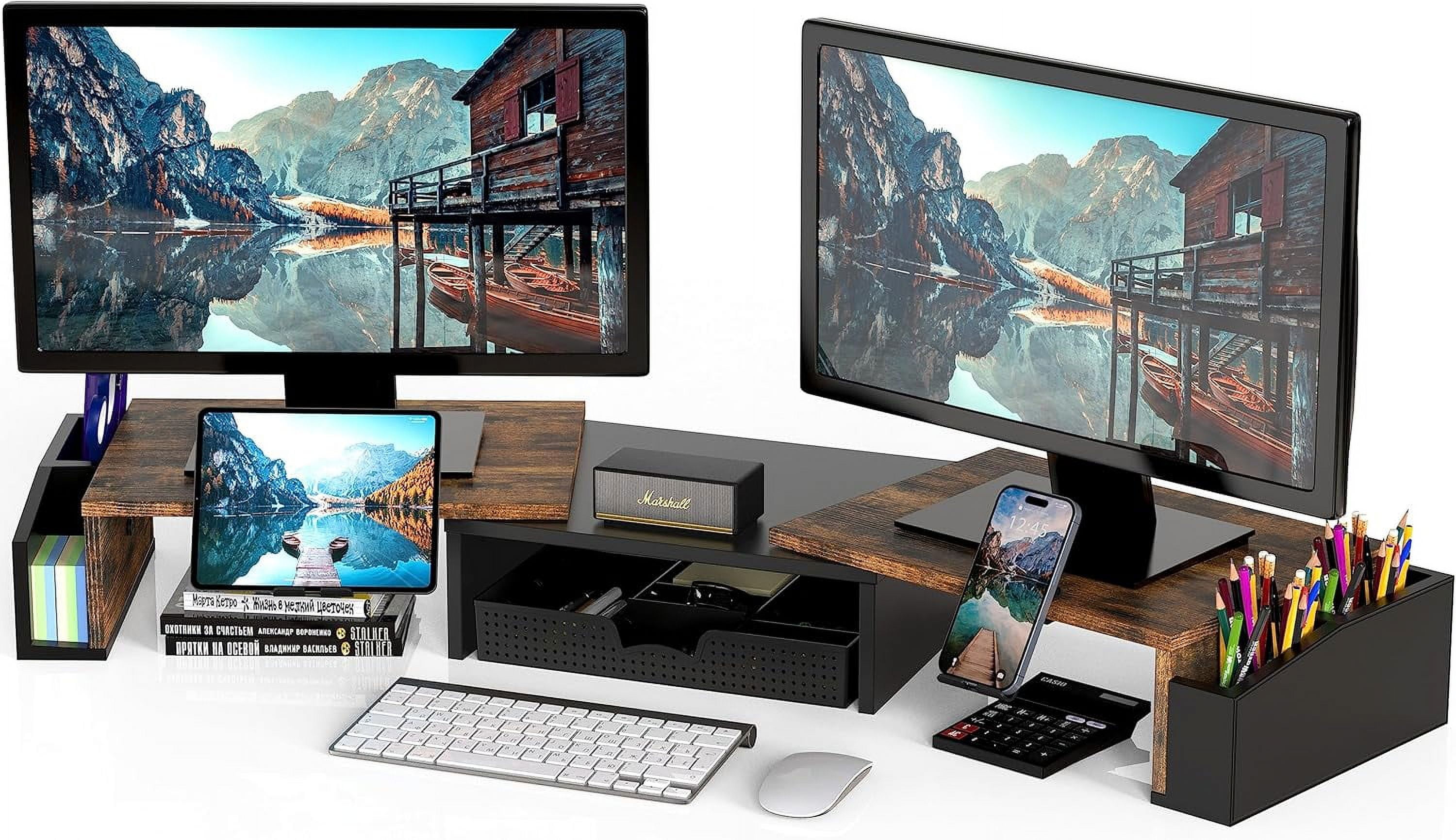Desk Dual Monitor Stand Riser with Drawer, Rustic Brown - Walmart.com