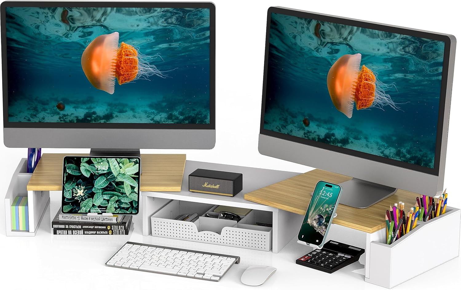Desk Dual Monitor Stand Riser with Drawer, Rustic Brown - Walmart.com