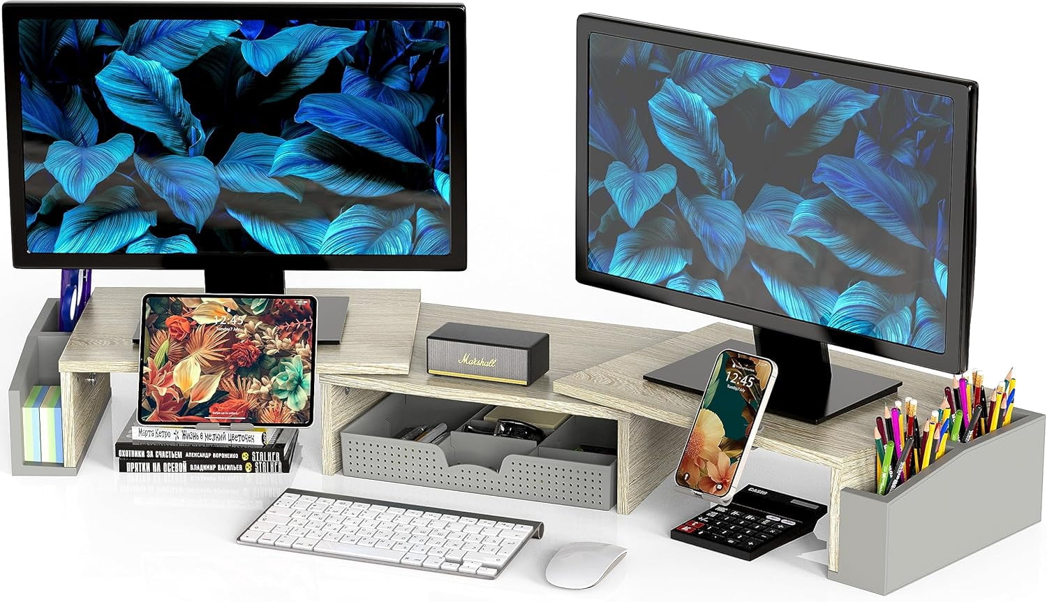 Desk Dual Monitor Stand Riser with Drawer, Rustic Brown - Walmart.com