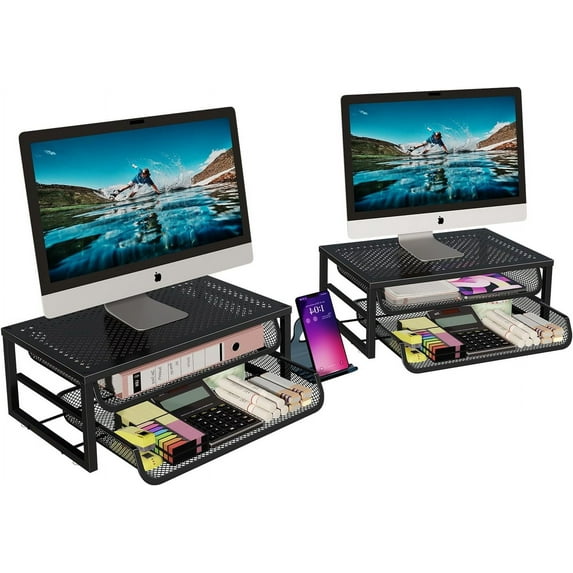 Desk File Organizer, 2 Pack 2 Tier Metal Computer Monitor Stand Riser ...