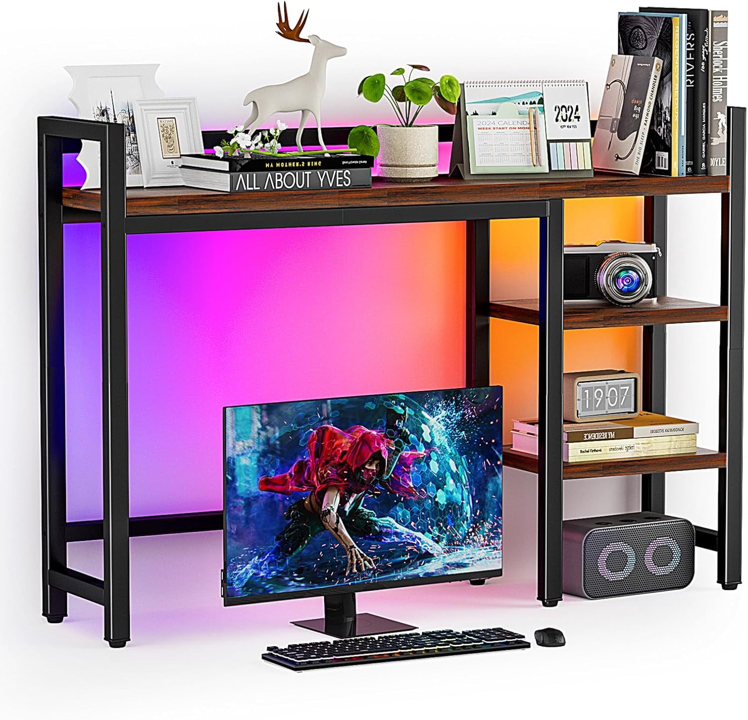 Desk Hutch with Colorful RGB Lights, 4 Tier Desk Top Shelf for Max 28 ...