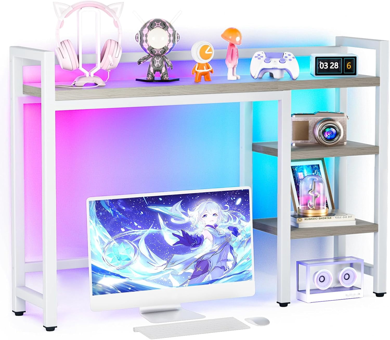 Desk Hutch with Colorful RGB Lights, 4 Tier Desk Top Shelf for Max 28 ...