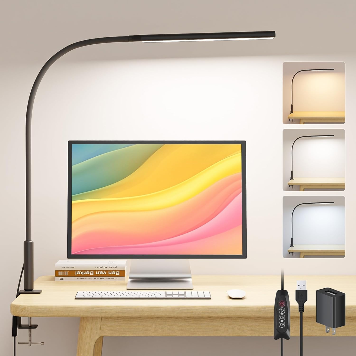 Desk Lamp with Clamp, Eye Caring Clip Light for Office, 3 Colors ...