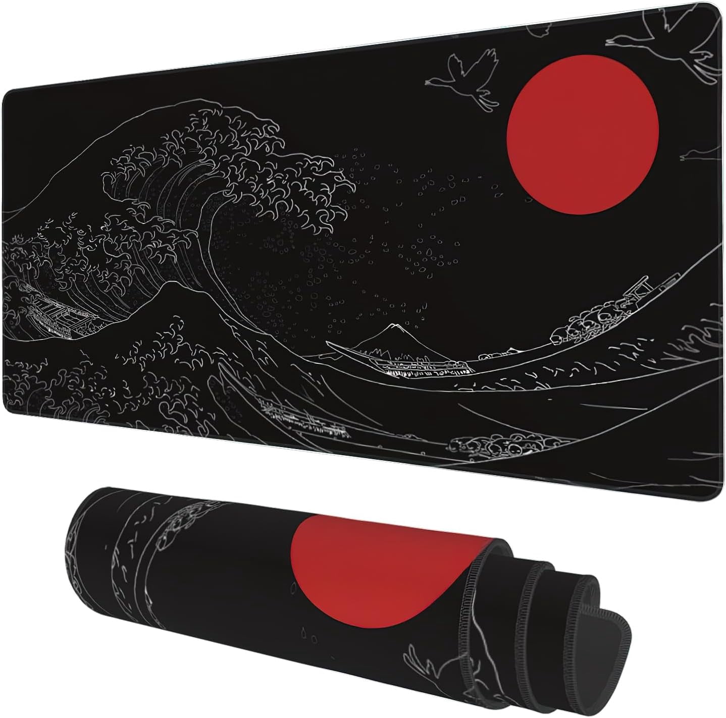 Desk Mat, Black Japanese Style Wave and Red Sun Extended Gaming Mouse ...