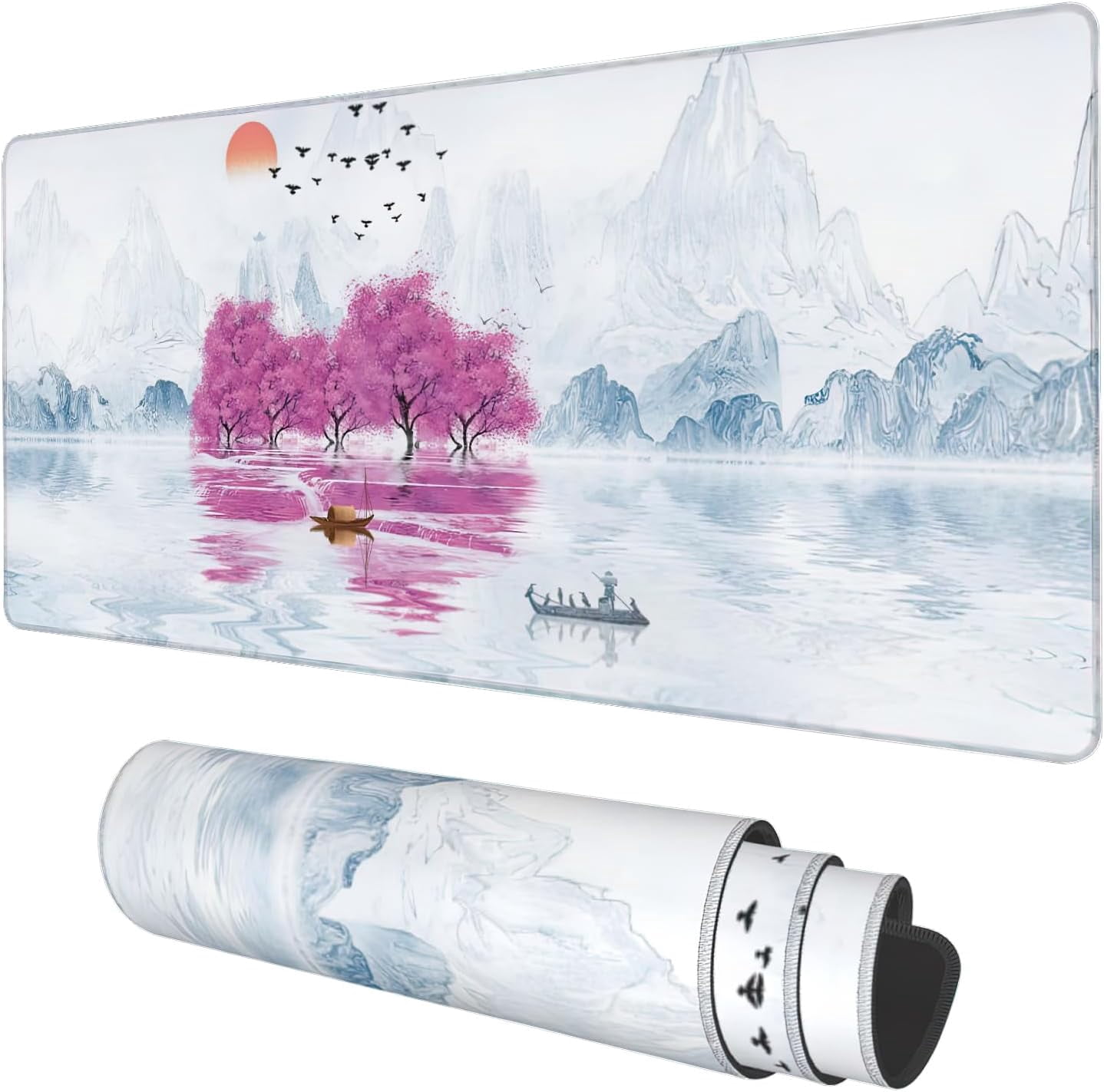 Desk Mat, Cherry Blossom Tree Oil Ink Painting Extended Gaming Mouse ...