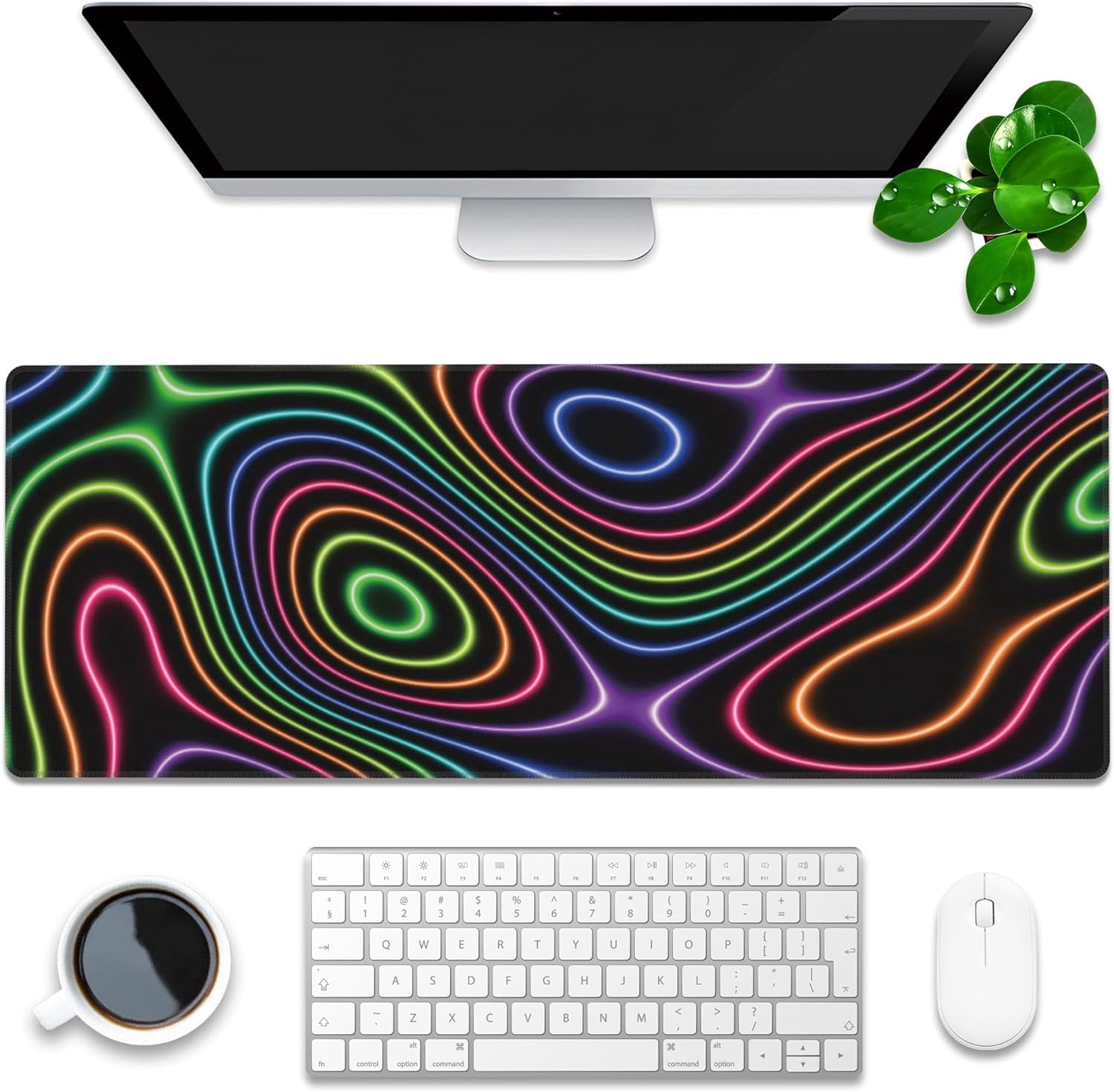 Desk Mat, Colorful Neon Topographic Contour Map Extended Gaming Mouse ...