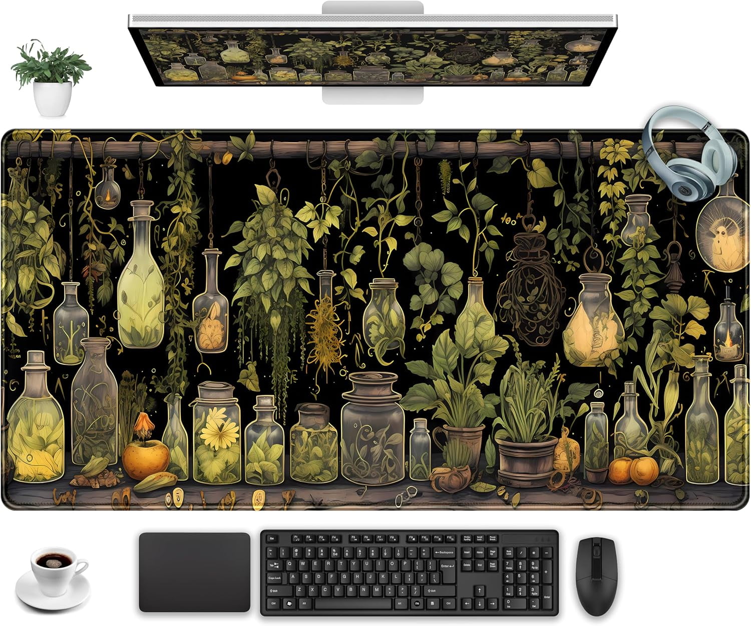 Desk Mat Green Plants Mouse Pad Gaming Mat Dark Keyboard Mat, Long ...
