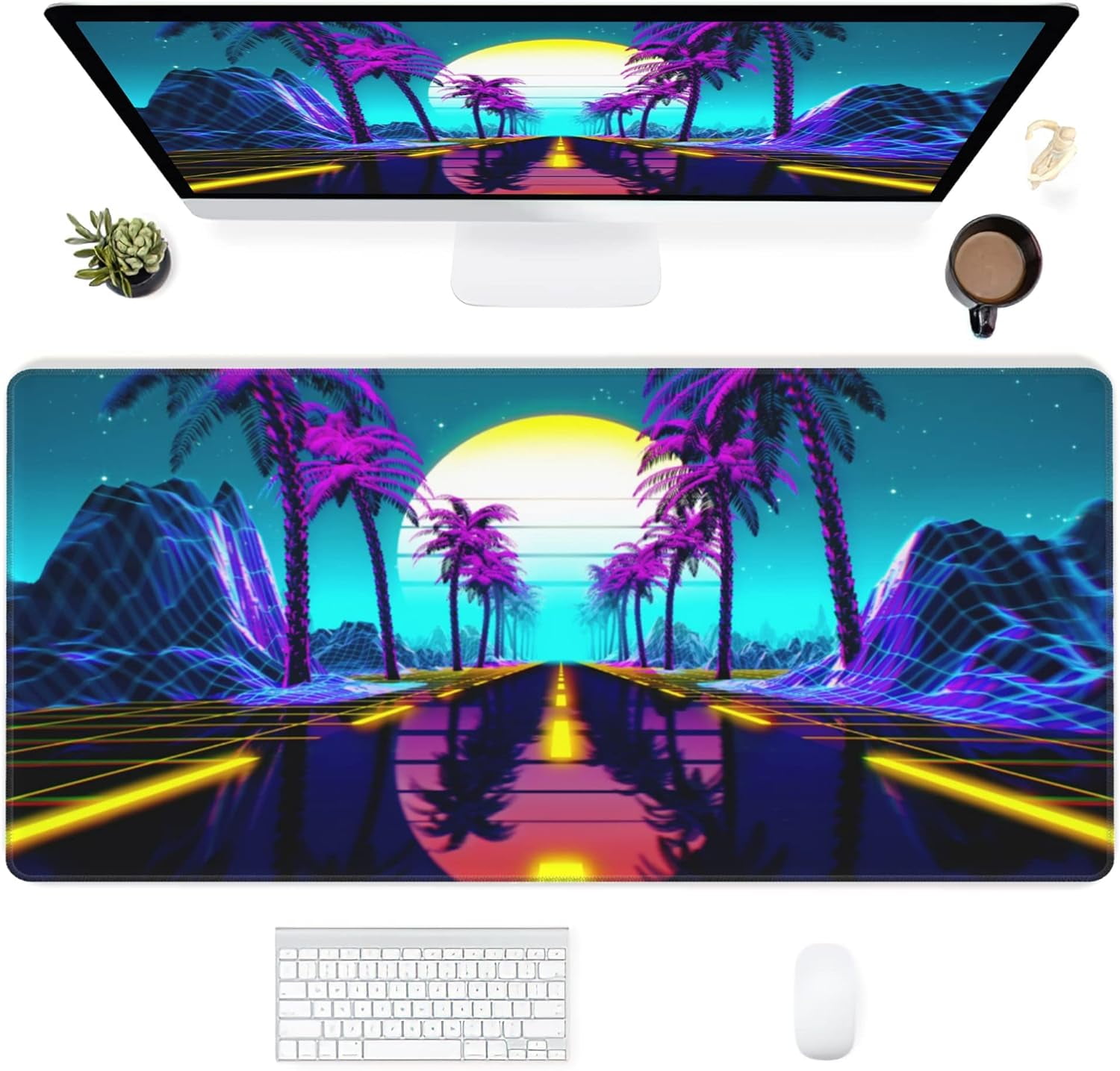 Desk Mat,Retrowave Videogame Landscape Extended Gaming Mouse Pad for ...