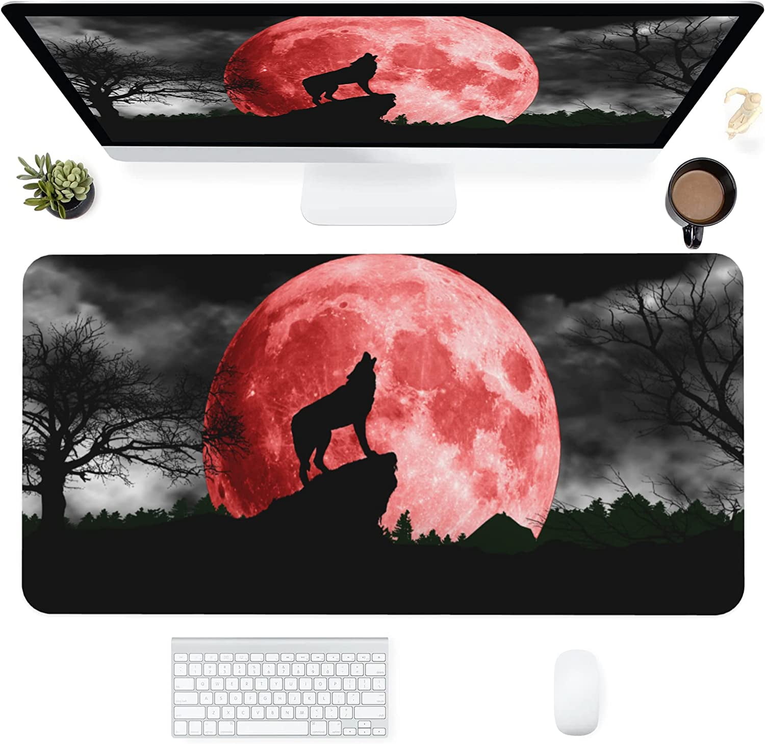 Desk Mat,Wolf and Red Moon Extended Gaming Mouse Pad for Office Work ...