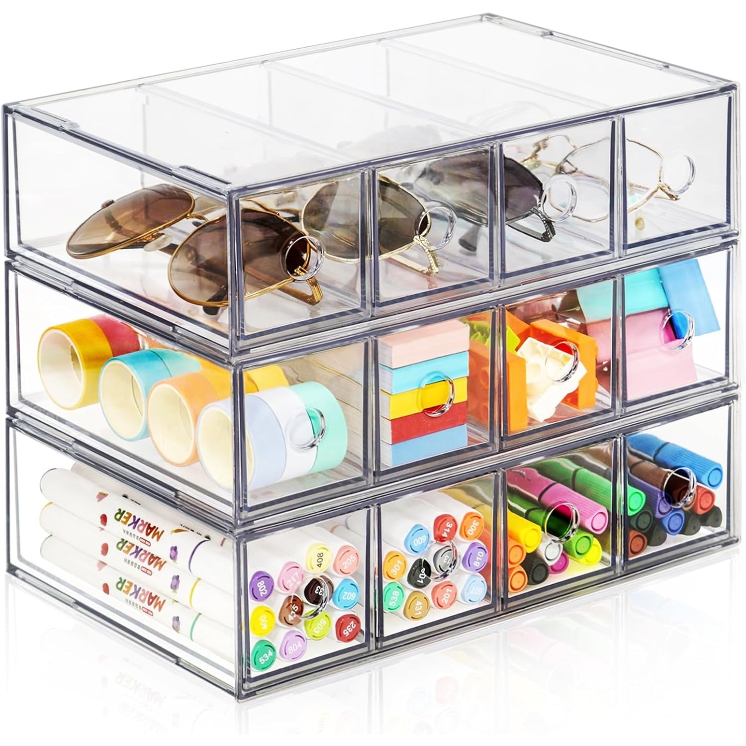 Desk Organizer with 12 Drawers, 3 Packs Stackable Desktop Storage Box ...