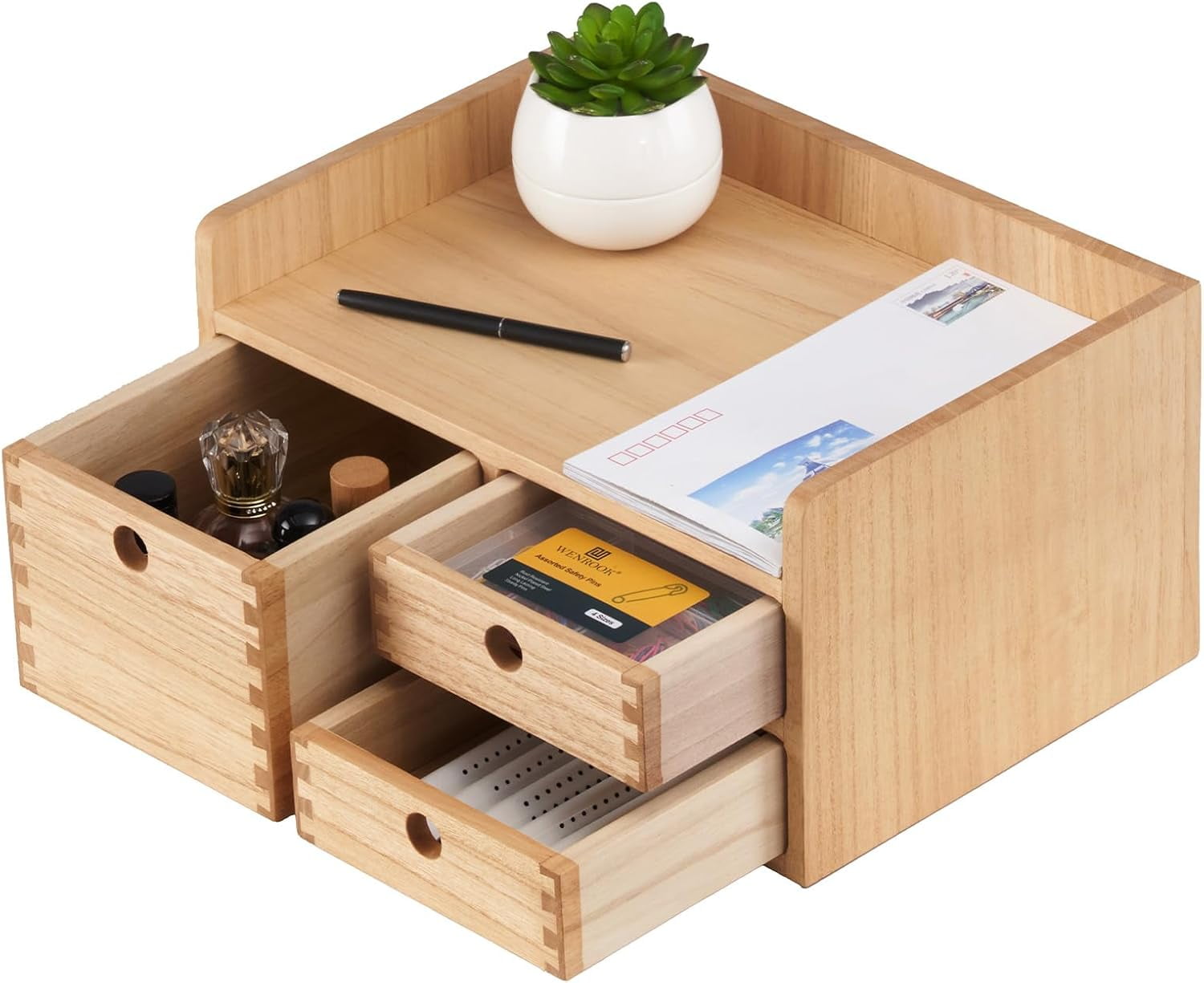 Desk Organizer with 3 Drawers - Wood Drawer Storage Box with Trays for ...