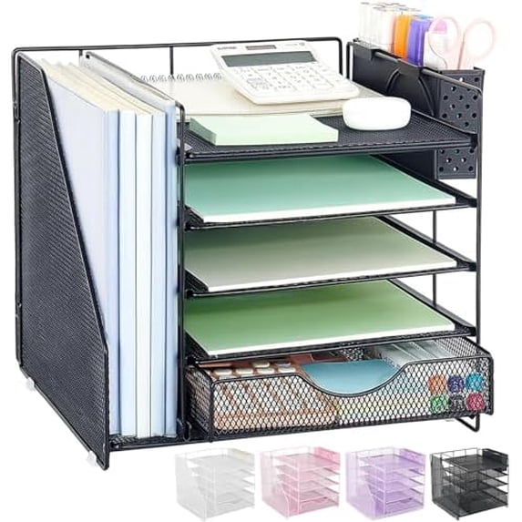Desk Organizer with Drawer and Pen Holder, 5-Tier Paper Letter Tray ...