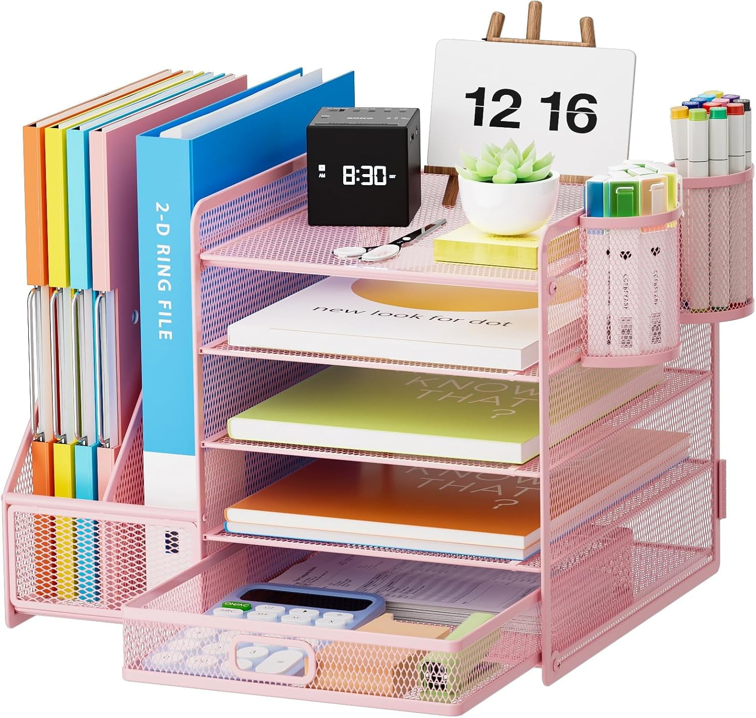 Desk Organizer with File Holder, 5-Tier Paper Letter Tray Organizer with Drawer and 2 Pen Holder ...