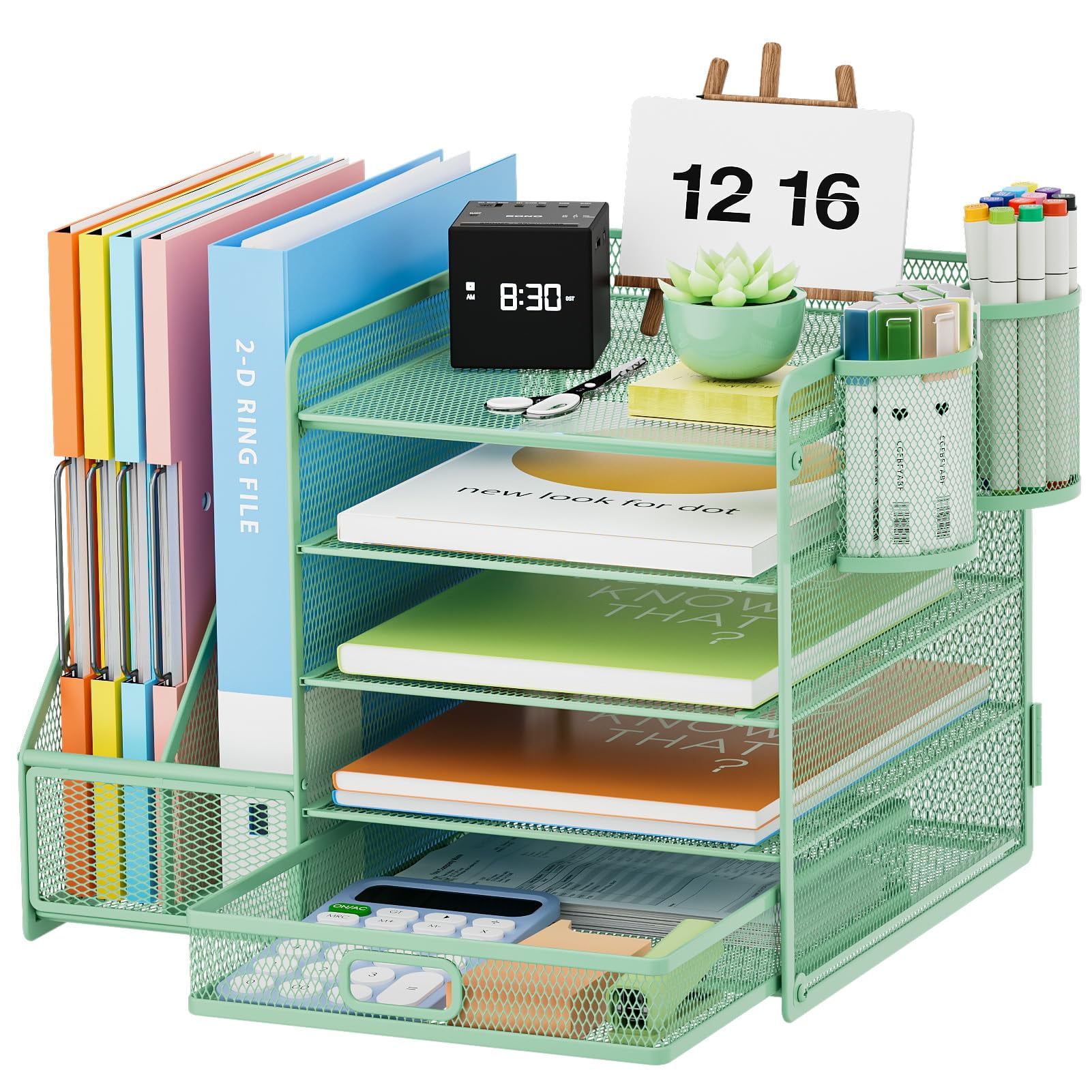Desk Organizer with File Holder, 5-Tier Paper Letter Tray Organizer with Drawer and 2 Pen Holder ...