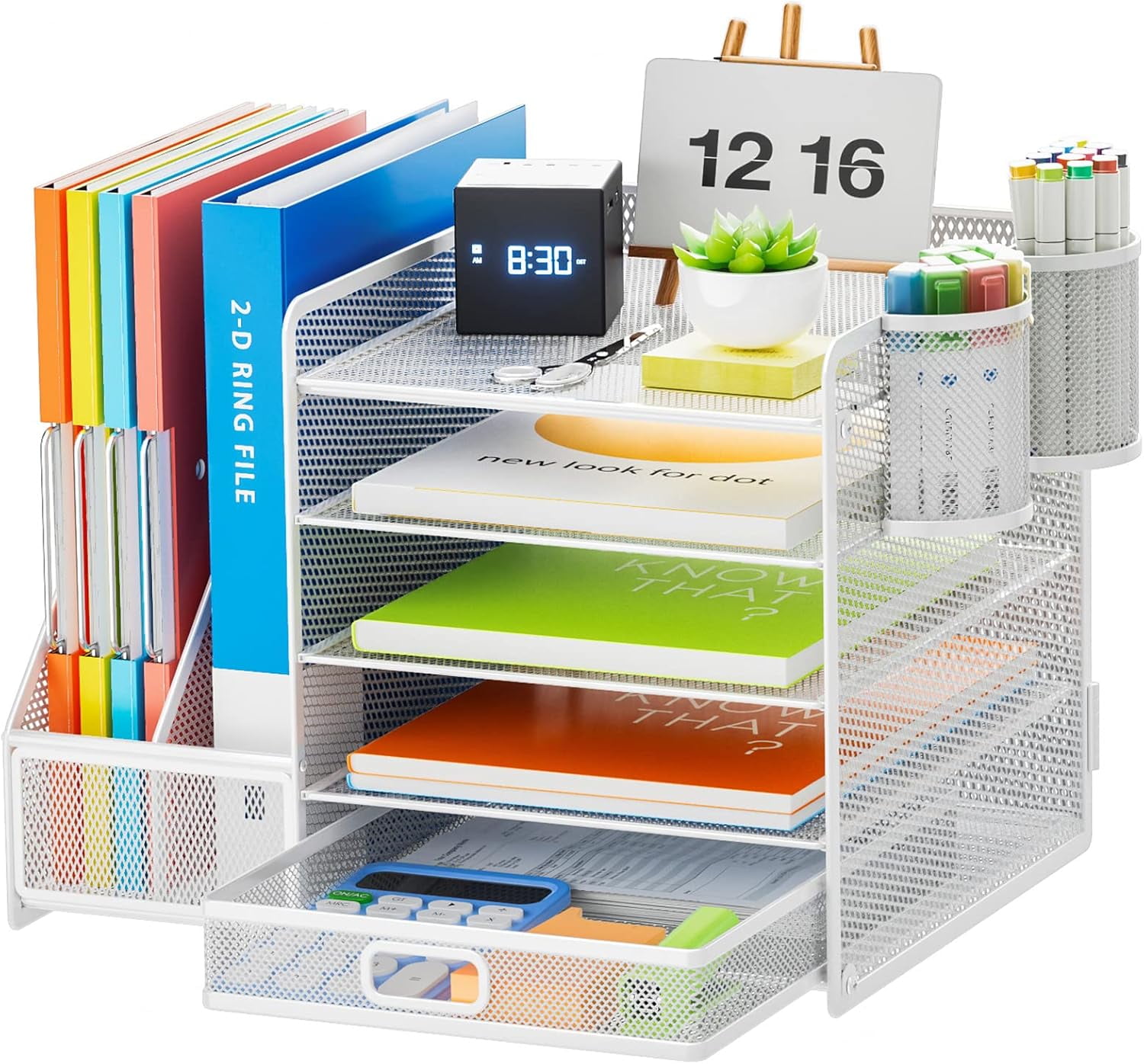 Desk Organizer with File Holder, 5-Tier Paper Letter Tray Organizer with Drawer and 2 Pen Holder ...