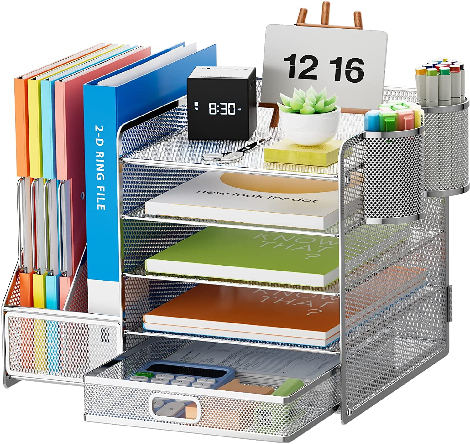 Desk Organizer with File Holder, 5-Tier Paper Letter Tray Organizer with Drawer and 2 Pen Holder ...