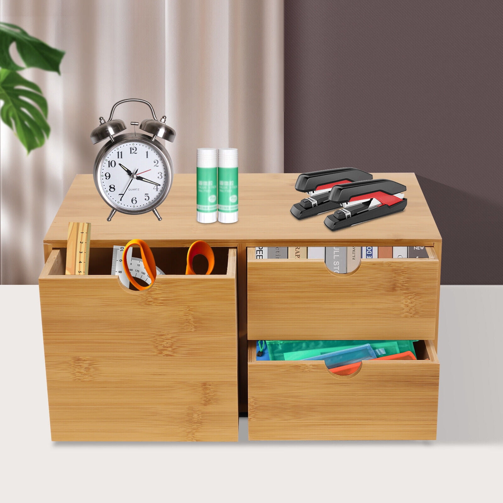 Desk Organizer Office Desktop Drawers Storage Bamboo Box Storage Recess ...