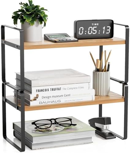 Desk Organizer Shelf，2 Tier Detachable Table Top Bookshelf ...