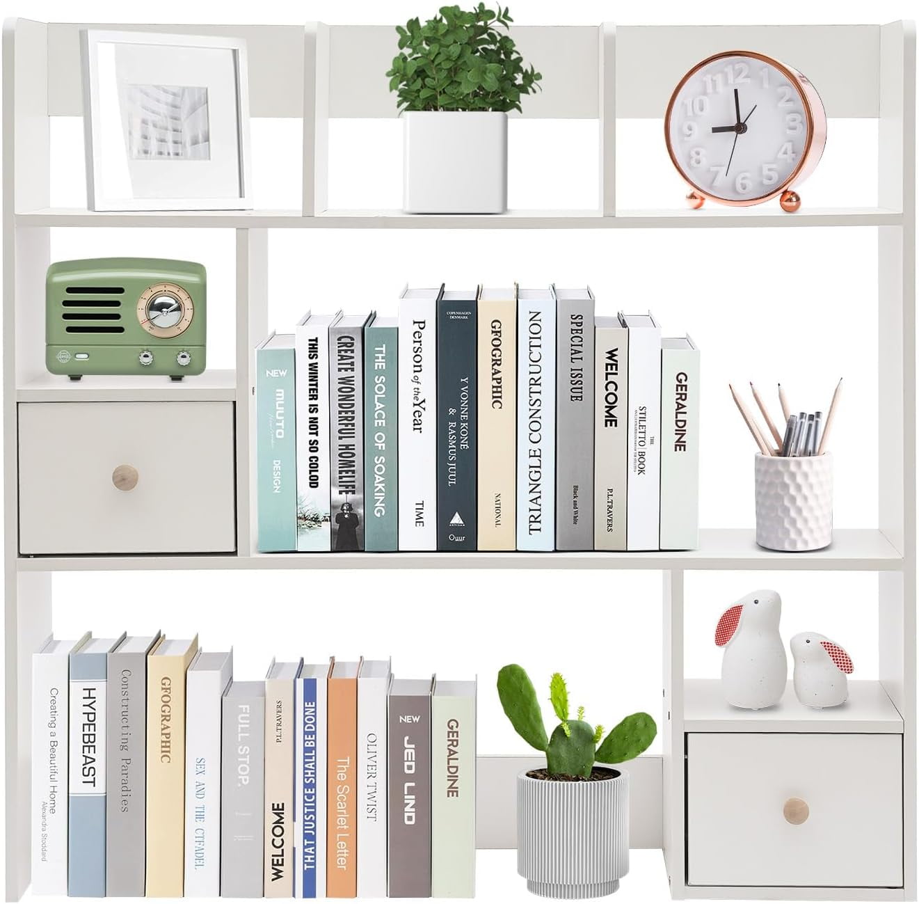 Desk Organizer, Wood Desktop Storage Bookshelf Drawers and Compartments ...