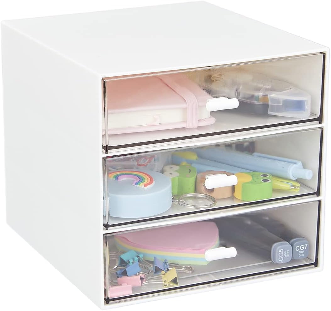 Desk Organizer with 3 Drawers, Clear Plastic Storage Box for Office ...