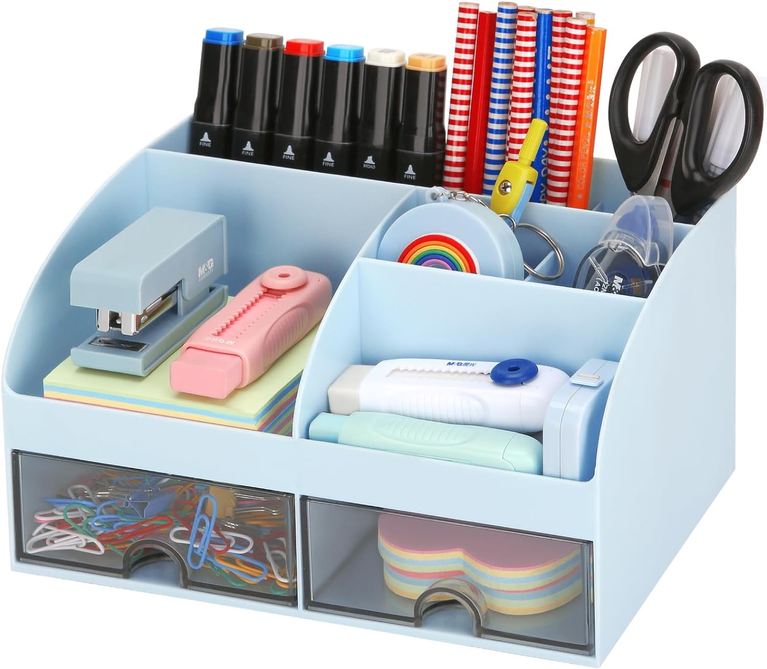 Desk Organizer with 6 Compartments and 2 Drawers, Clear Small Drawer ...