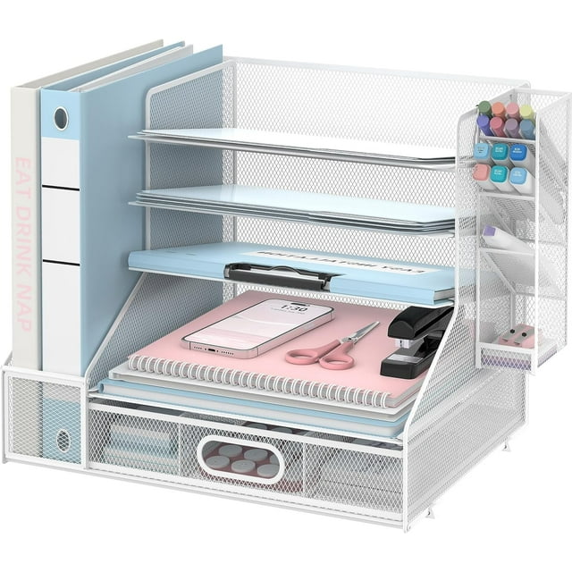 INTIGE 5-Tier Mesh Desk Organizer with File Holder, Pen Holder, Drawer ...