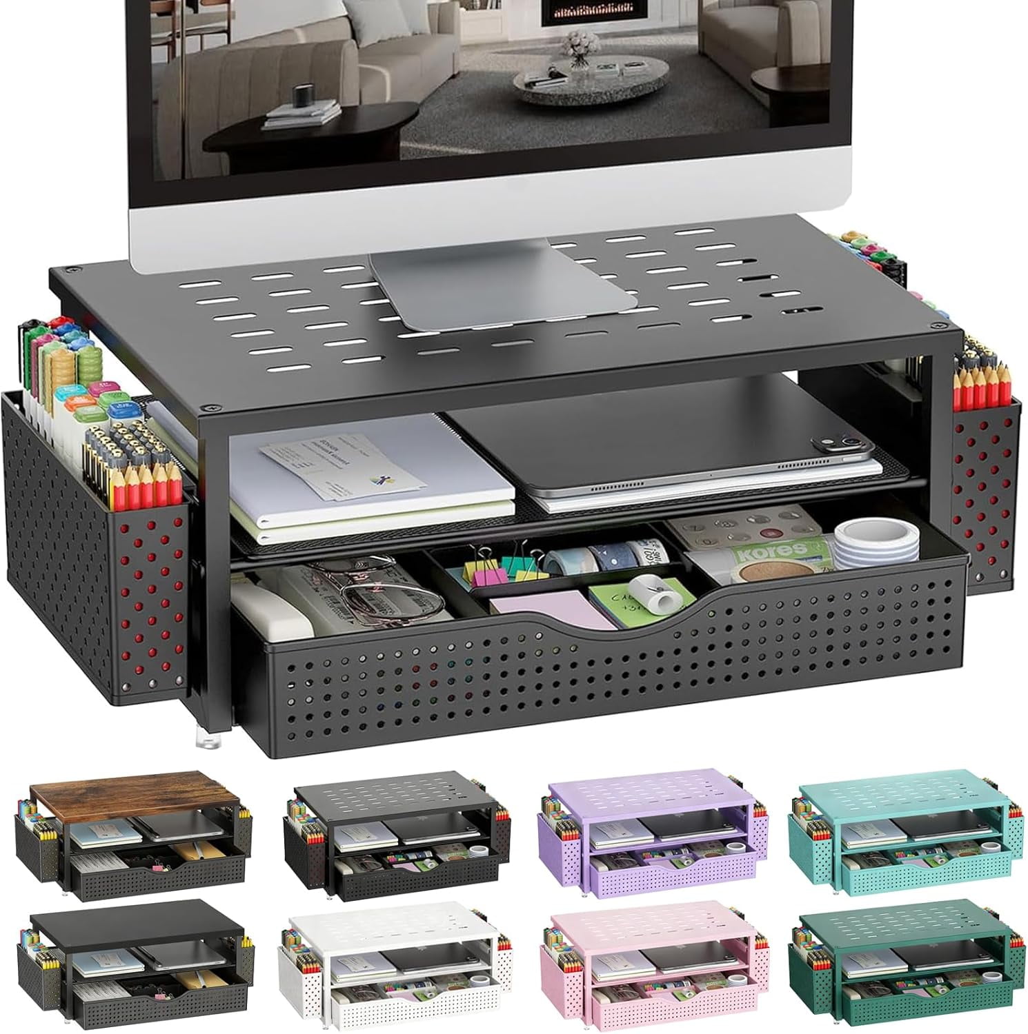 Desk Organizers and Accessories, Monitor Stand with Drawer and 2 Pen ...