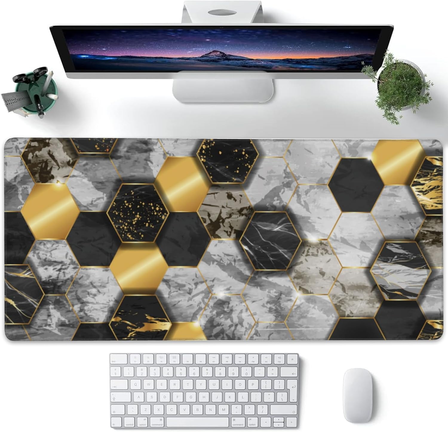Desk Pad, Black Golden Honeycomb Marble Hexagon Extended Large Gaming ...