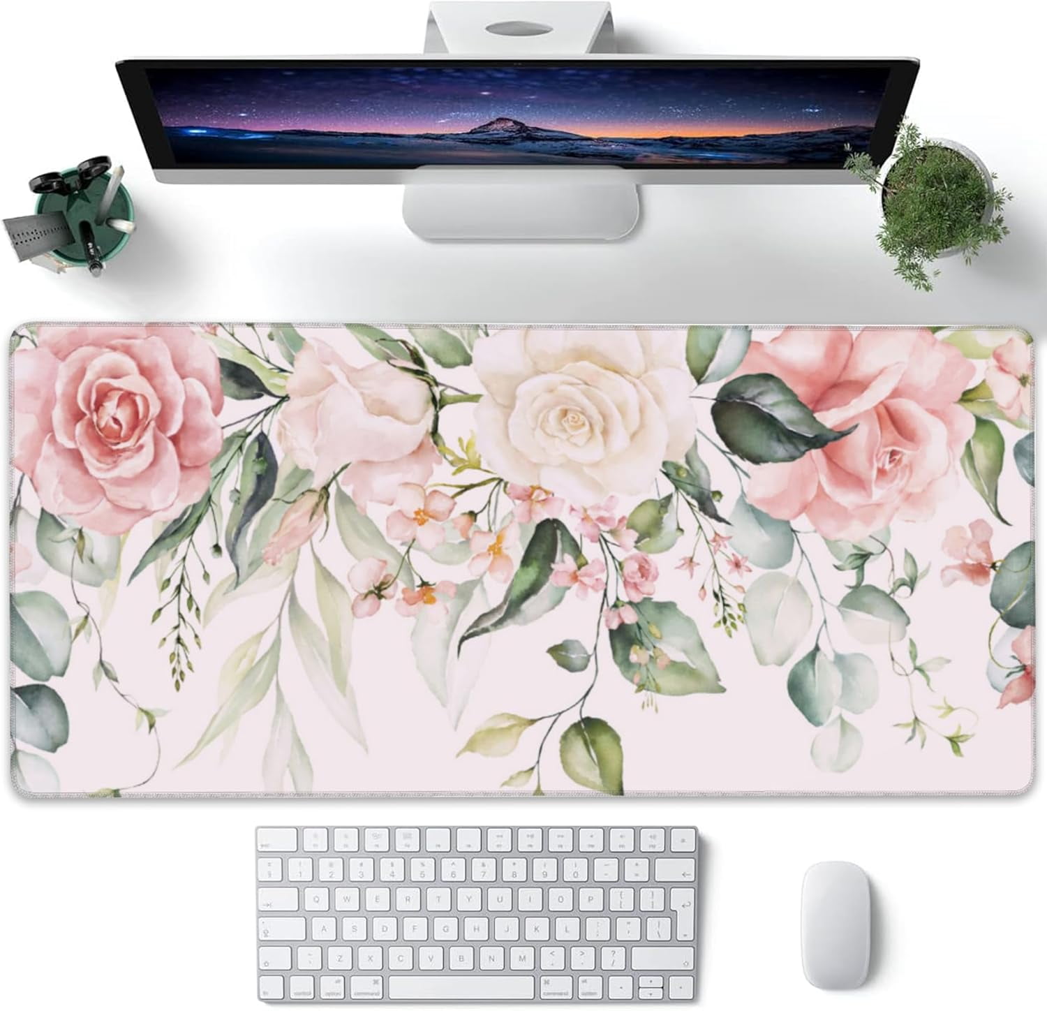 Desk Pad, Pink Watercolor Flowers and Green Leaves Extended Large ...
