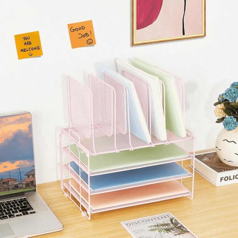 Desk Paper Organizer With Handle,3 Tier Letter Trays With 5 Vertical ...