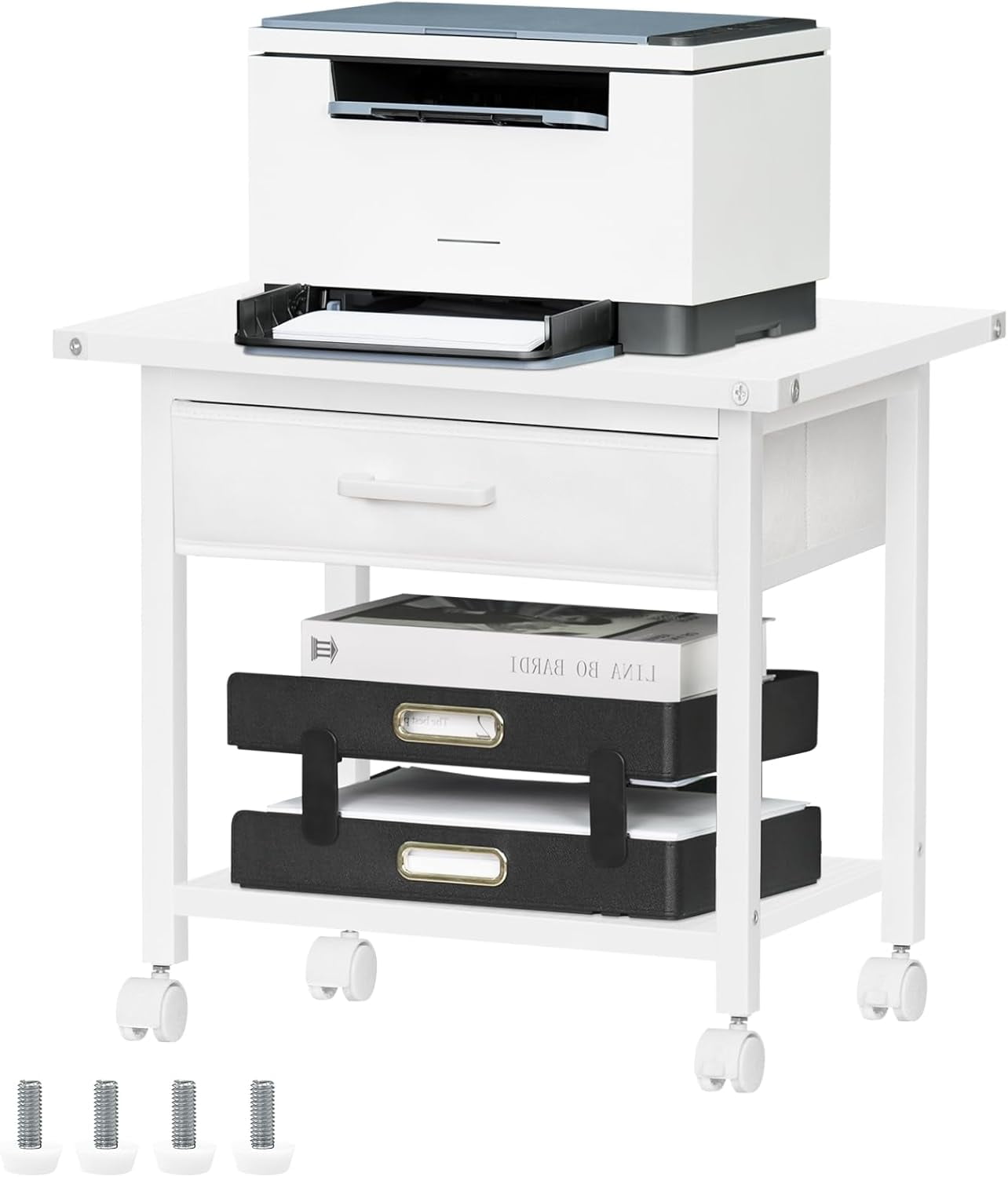Under Desk Rolling Printer Stand with Drawer, 2-Tier Industrial Mobile ...