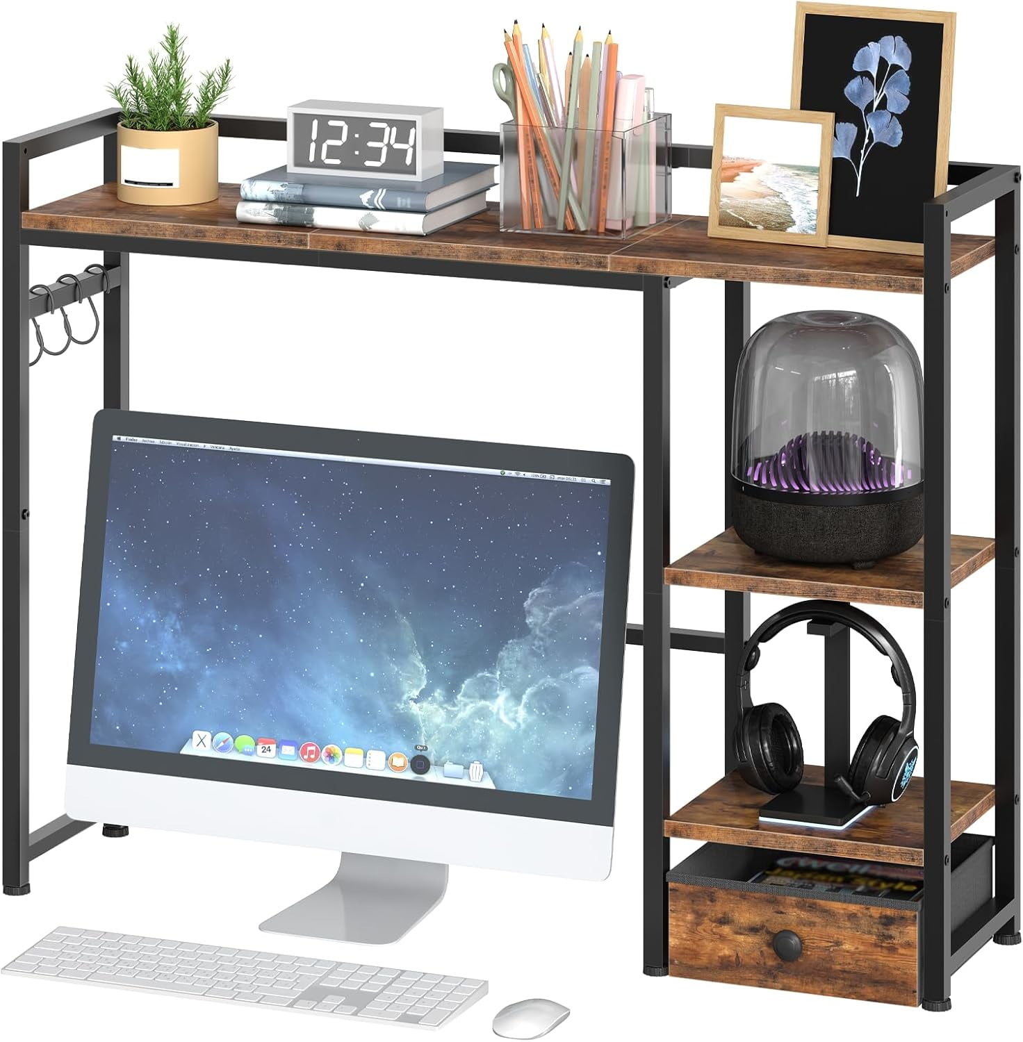Desk Shelf, 38.8" Desktop Bookshelf with Drawer, Desk Hutch with 3-Tier ...