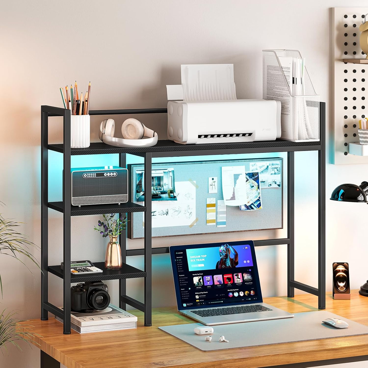Desk Shelf with LED Strip, 38.6" Desktop Organizer Shelf, Desk Hutch ...