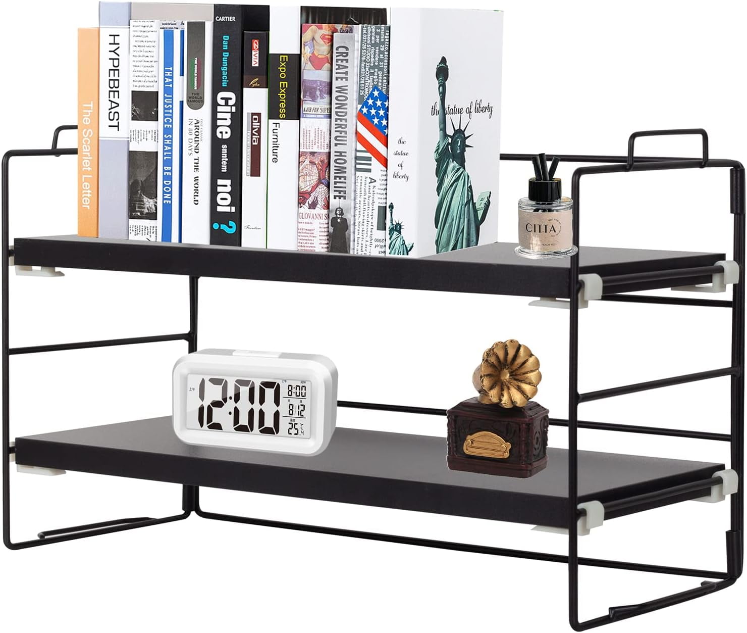 Desk Shelf Organizer, 2-Tier Desktop Shelves with Wood Board ...