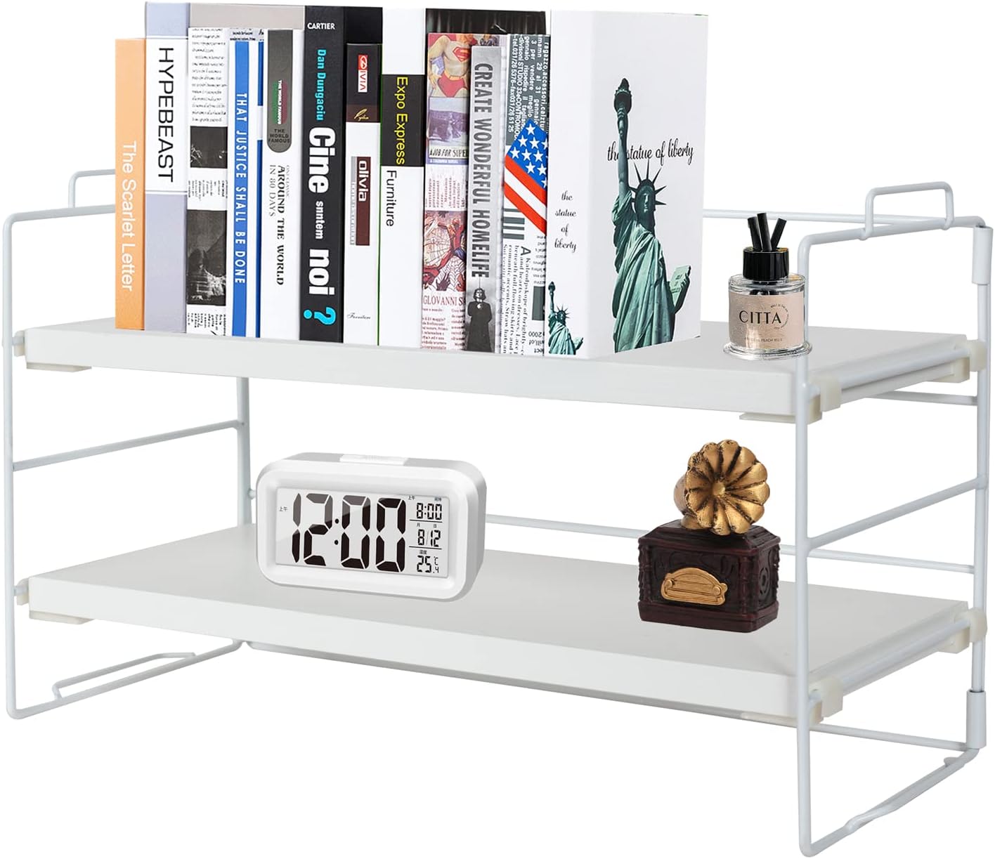 Desk Shelf Organizer, 2-Tier Desktop Shelves with Wood Board ...