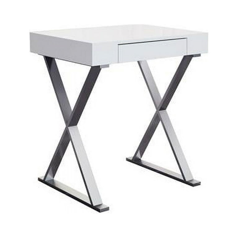 Desk Small High Gloss White One Drawer Stainless Steel Base