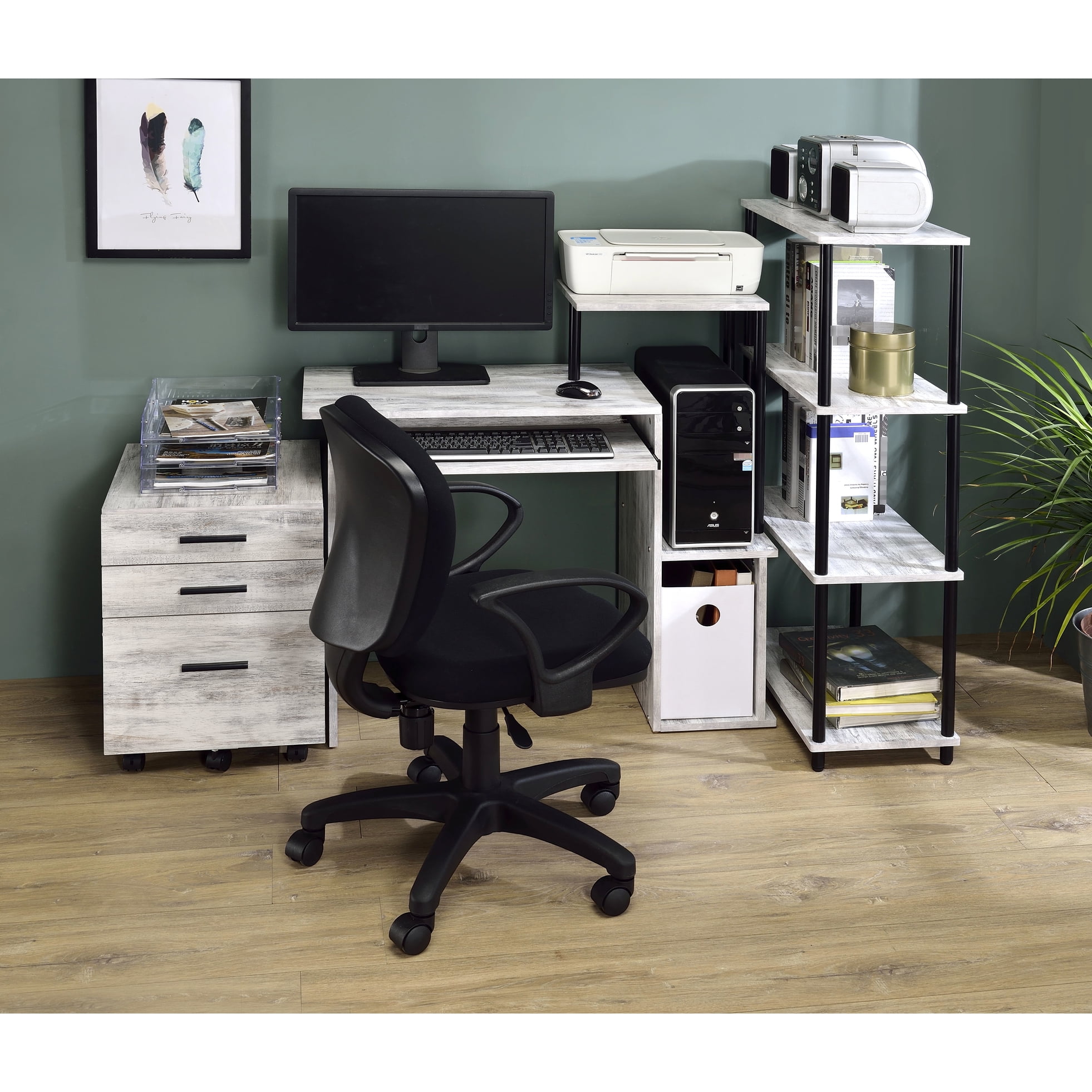 Desk With Shelf And Keyboard Tray In Antique White & Black Pattern ...